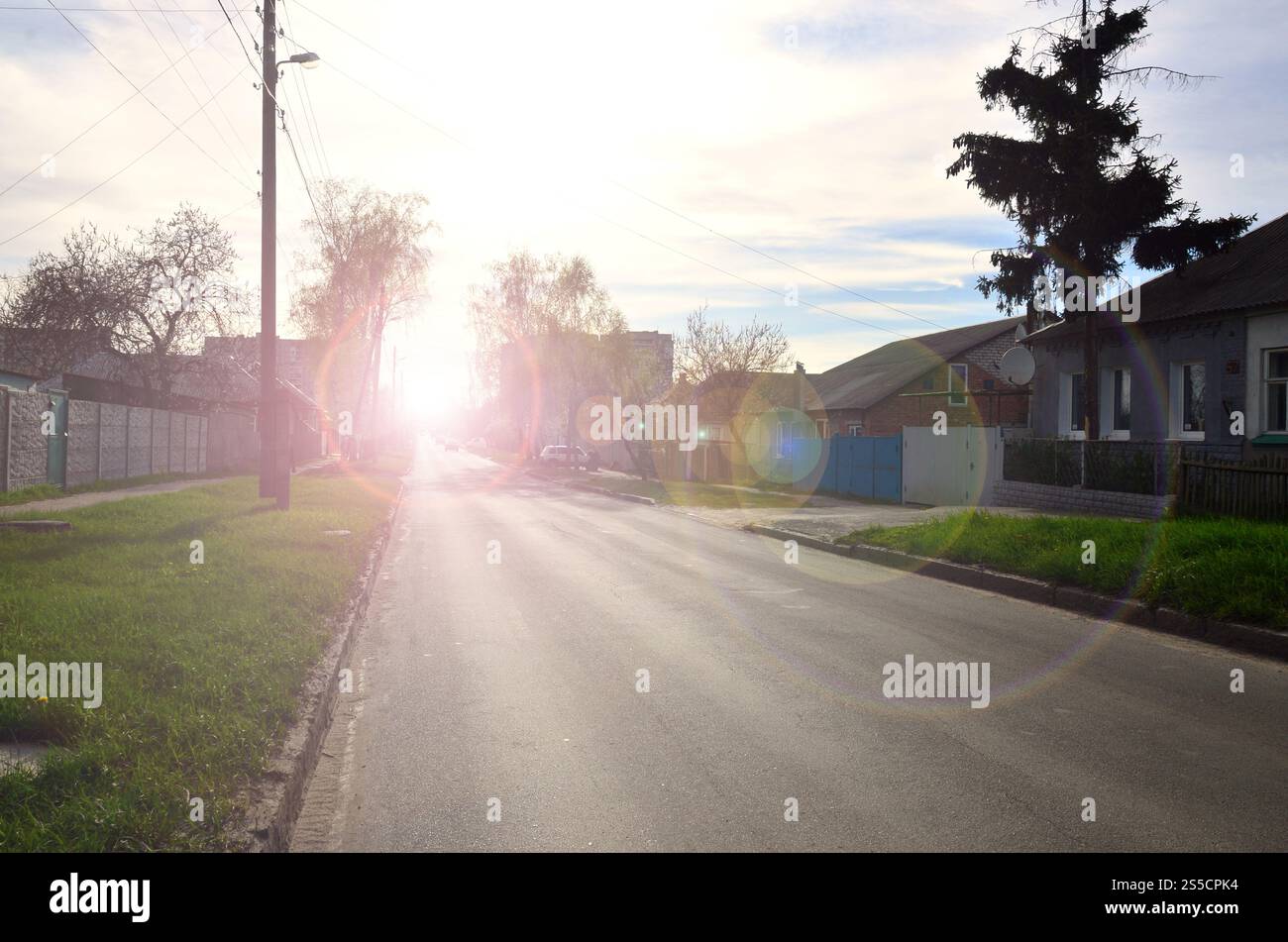 Asphalt road in the middle of a rural landscape in the early summer ...