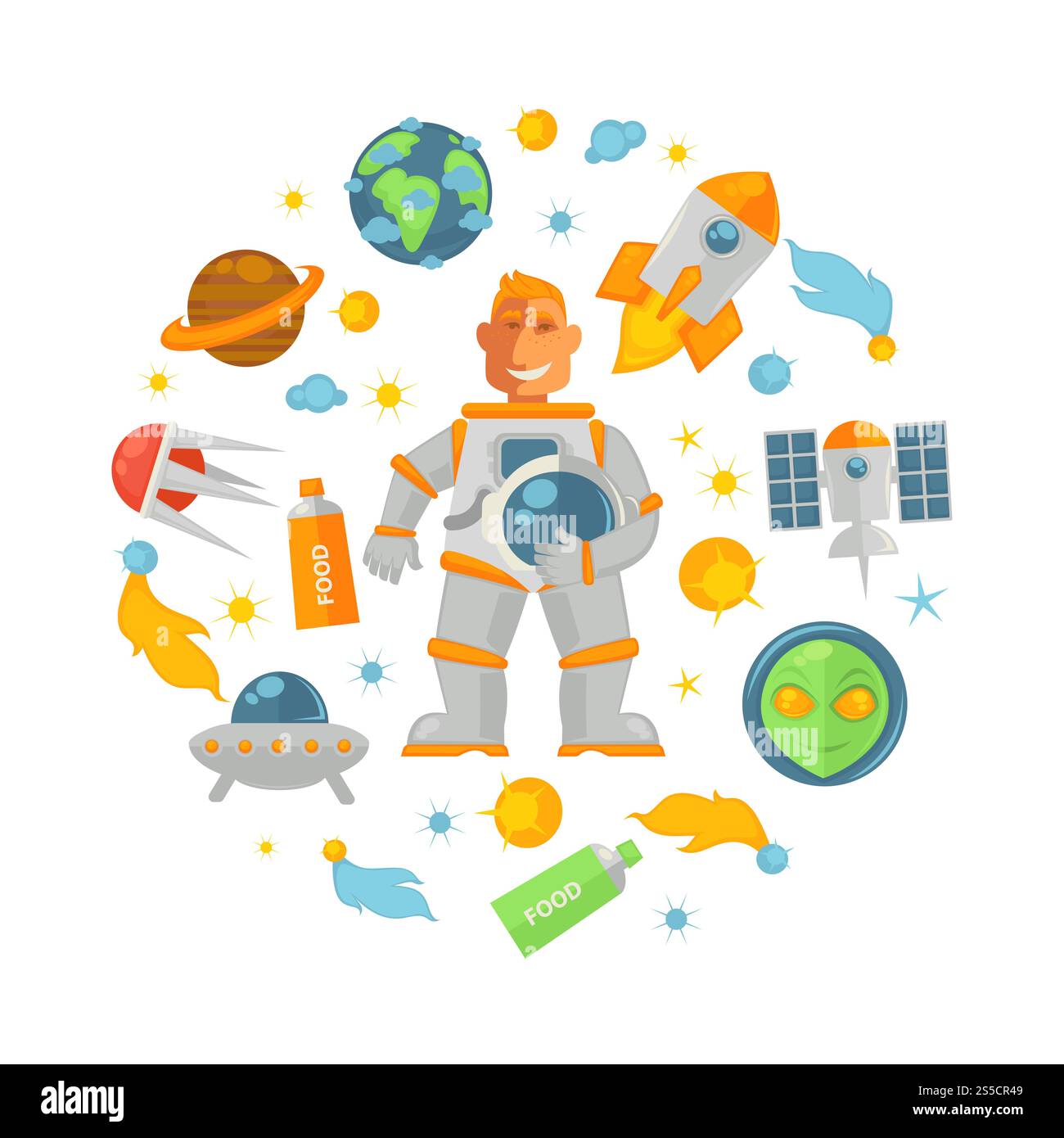 Spaceman in pressure suit and cosmic equipmment set powerful rocket hi ...