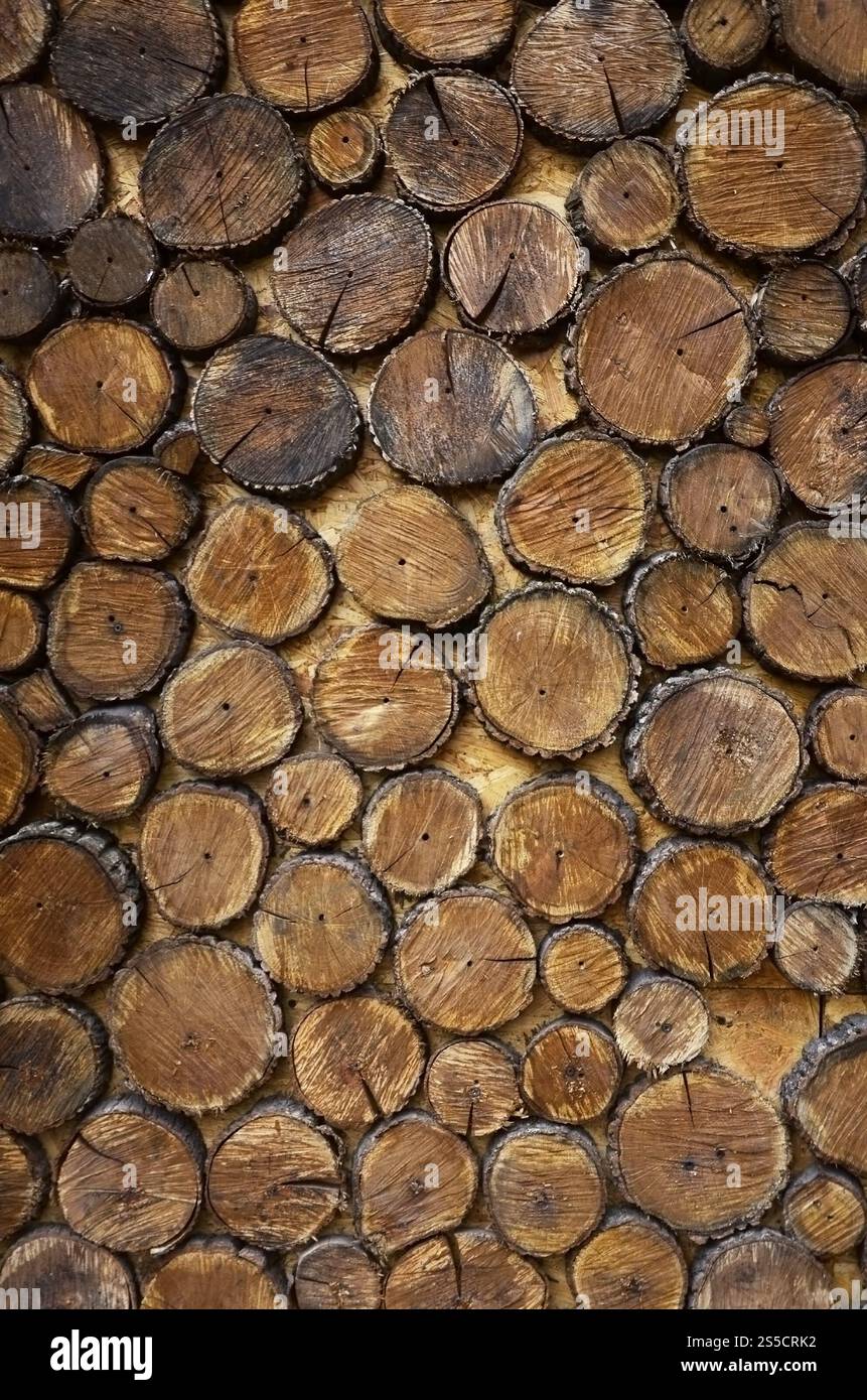 Decorative fence of wooden blocks. Rare wooden handmade wall contains ...