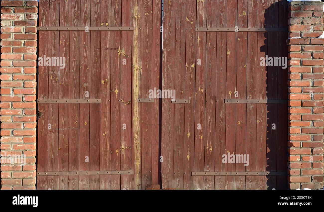 The texture of weathered wooden gates. Aged wooden plank gates of flat ...