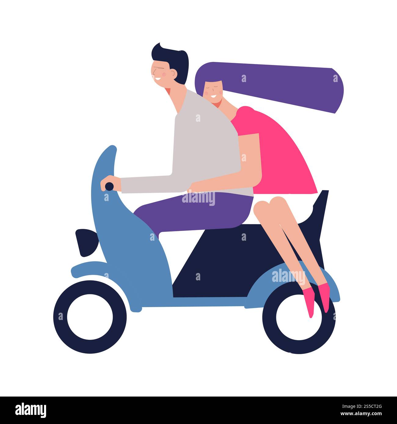 Couple in love rides scooter on romantic date. Man drives vehicle and girl sits behind and hugs ...