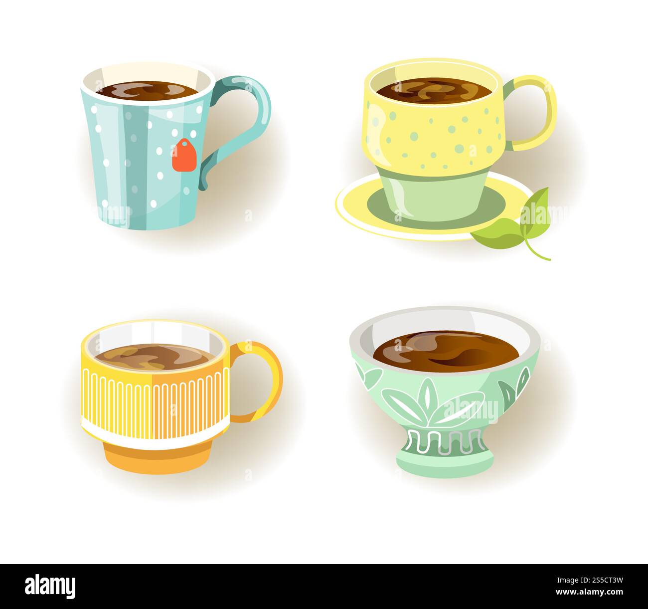 Different cups and mugs of various shapes and colors. Containers filled ...