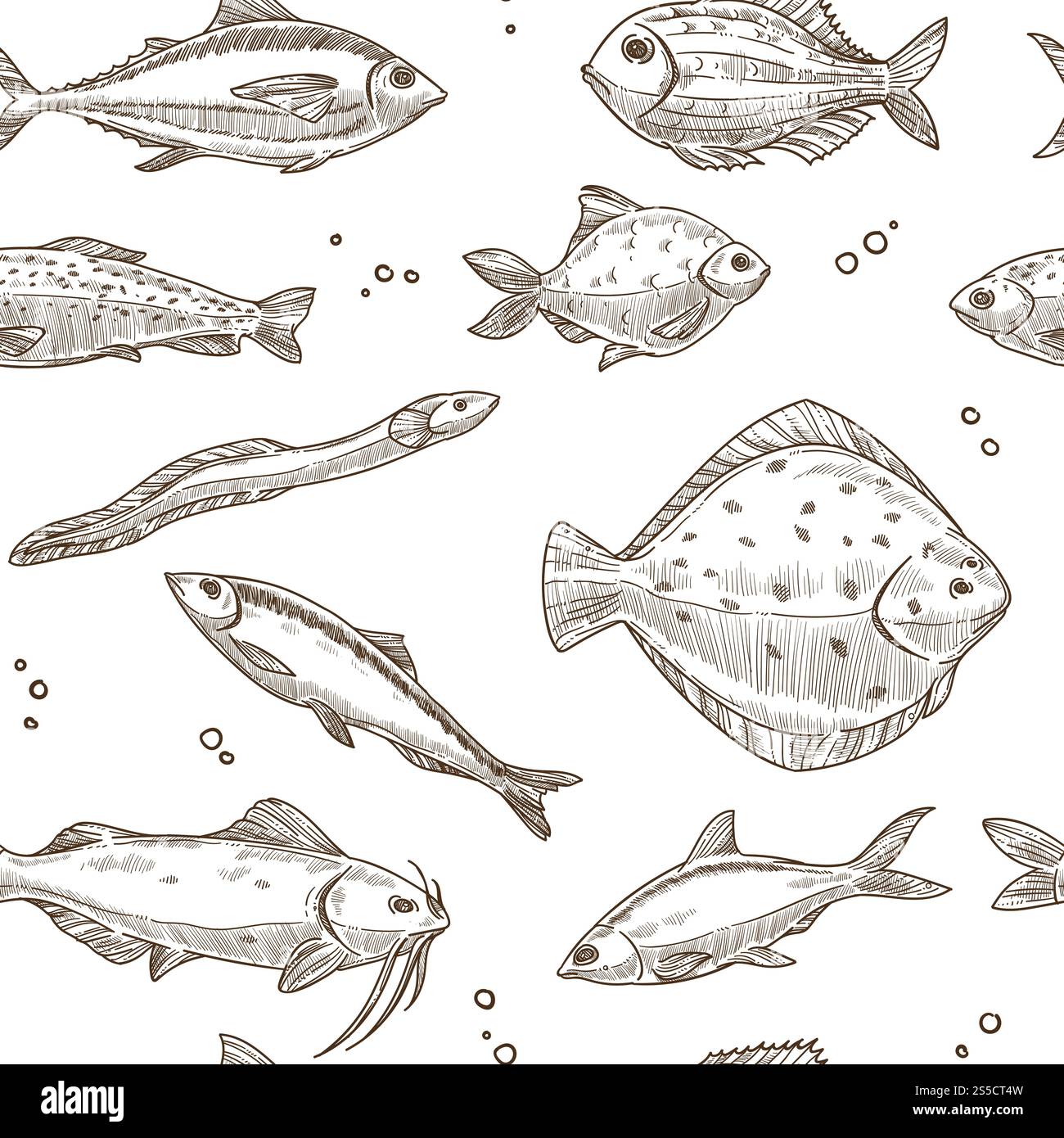 Fish sketch pattern background. Vector seamless design of river carp ...