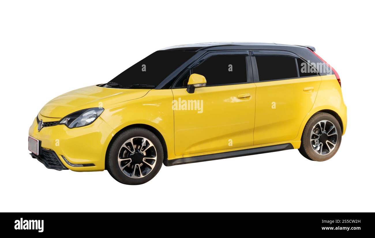 Side view of mini or small yellow sports hatchback car is isolated on ...
