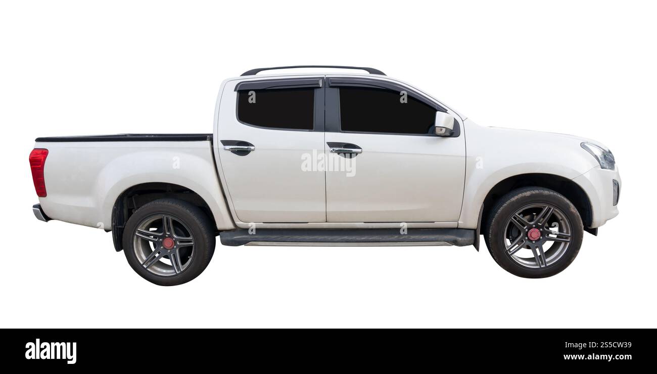 Side view of white pickup truck is isolated on white background with ...
