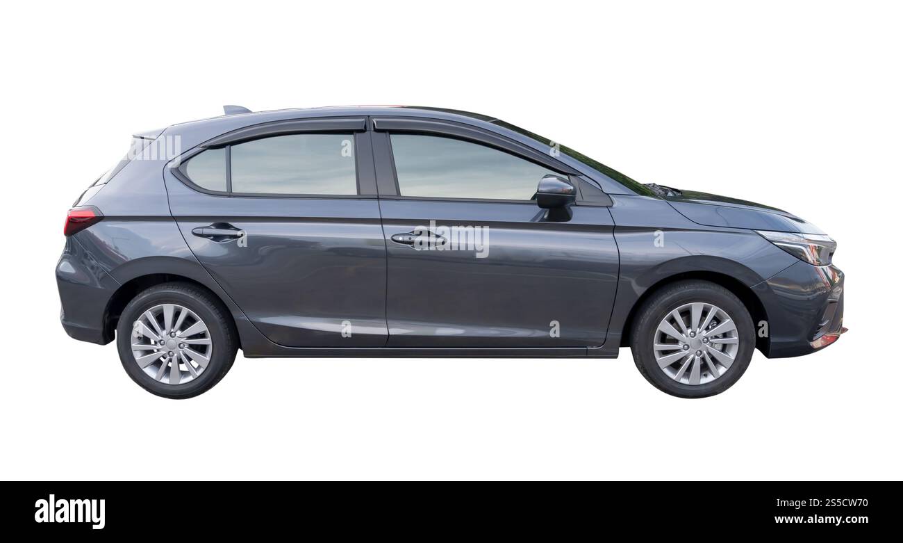 Side view of mini or small black or dark gray sports hatchback car is ...