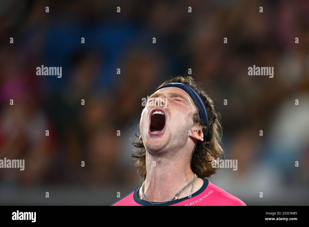 Andrey Rublev of Russia reacts during his round 1 match against Joao Fonseca of Brazil during ...