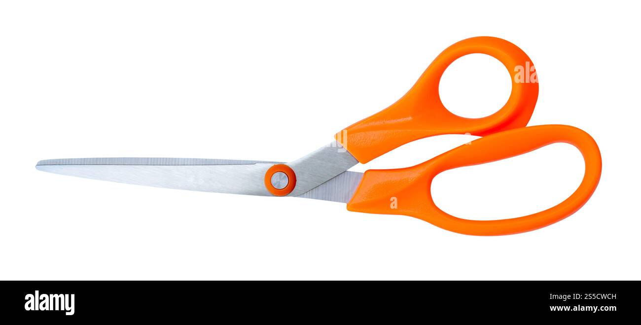 Medium multipurpose scissors with orange handle in horizon is isolated ...