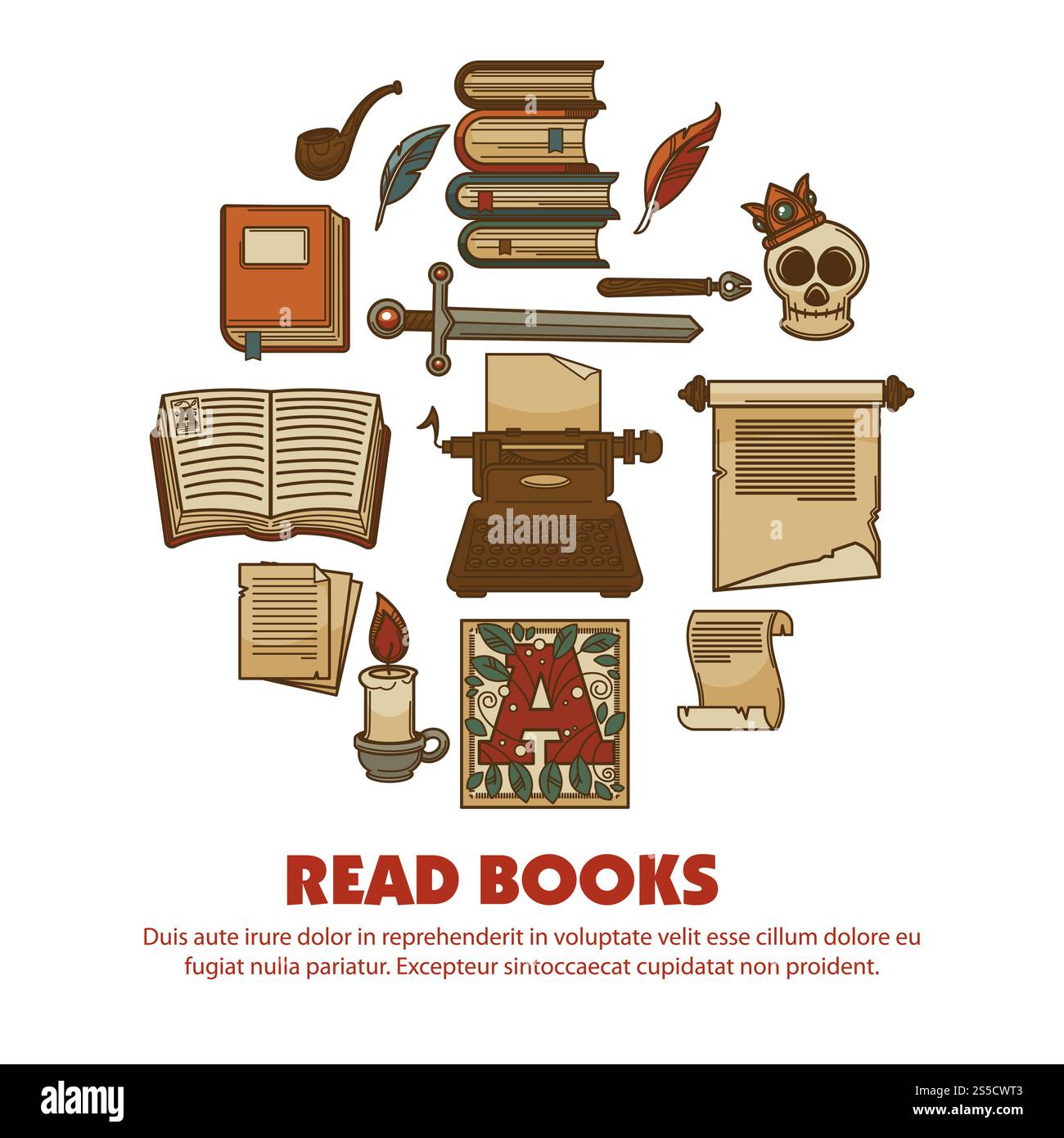 Read books agitative poster with ancient written relics. Old skull in ...