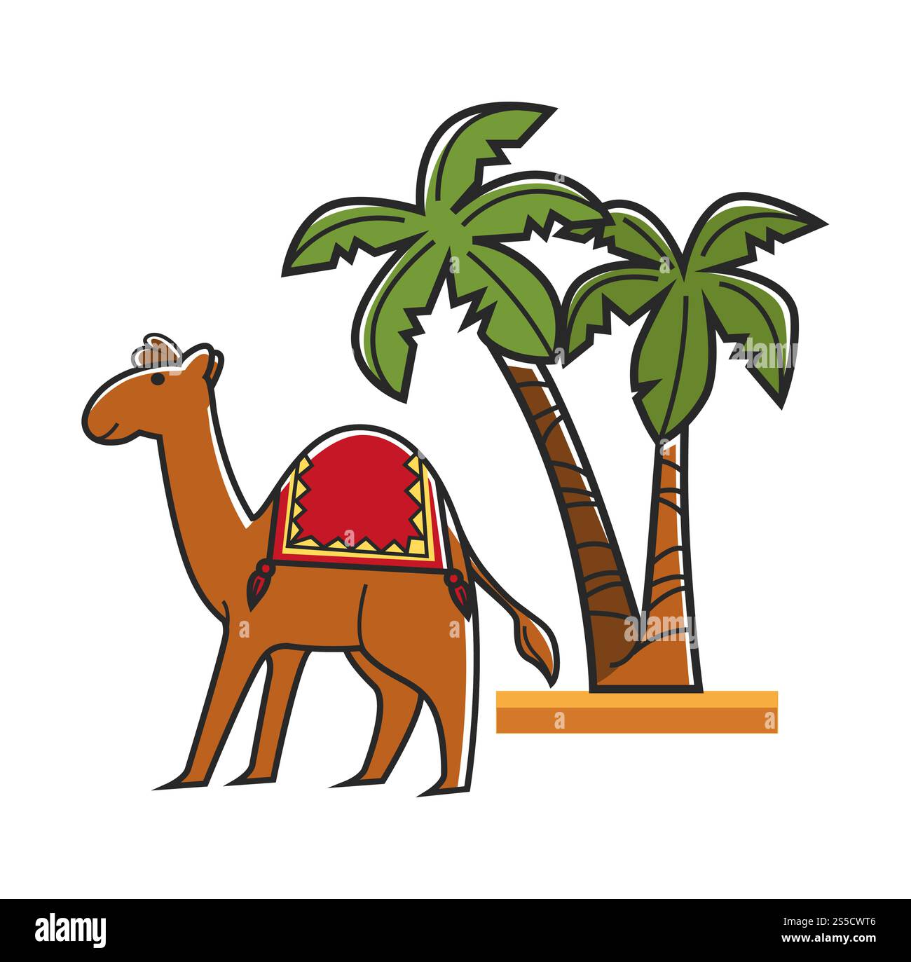 Egiptian camel with saddle and tall tropical palms. Hardy animal with ...