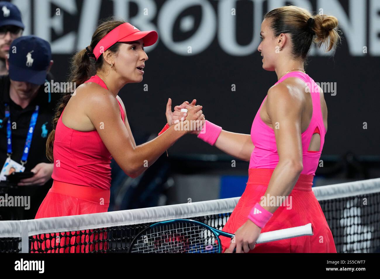 Camila Osorio of Colombia is congratulated by Maria Sakkari, right, of ...