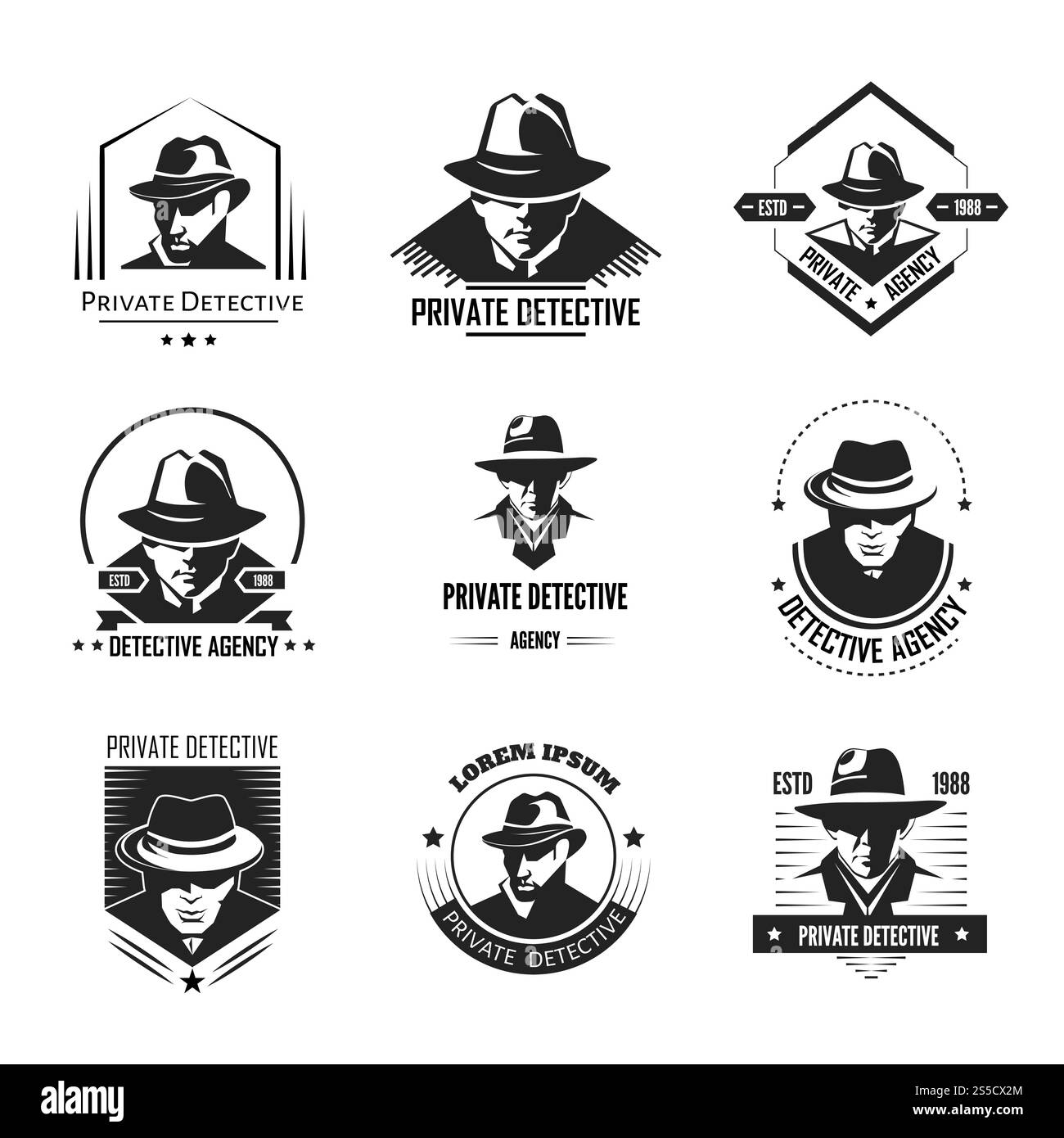 Private detective promotional monochrome emblems with man in hat and ...