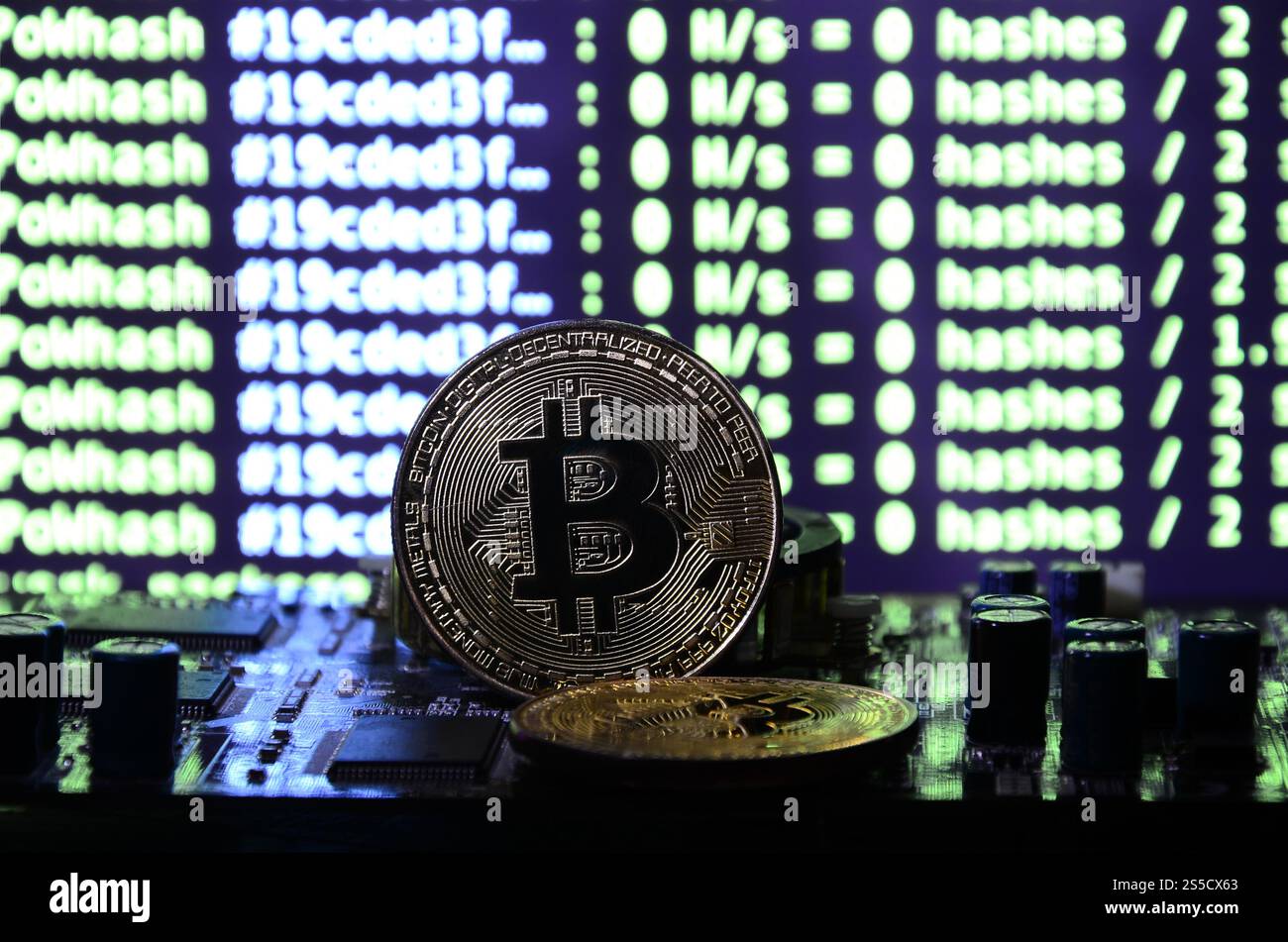 Two bitcoins lies on a videocard surface with background of screen ...