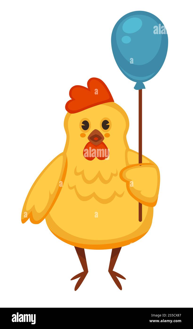 Ridiculous plump chicken that holds blue balloon by rope. cheerful ...