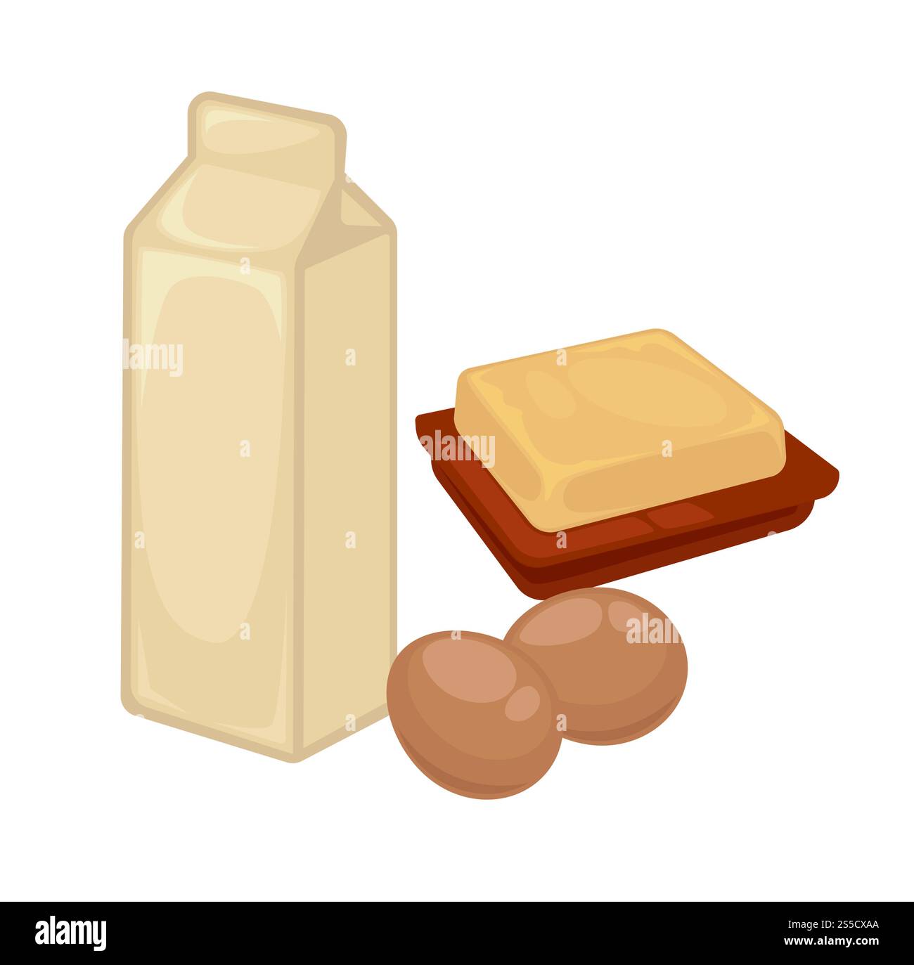 Milk in cardboard pack, soft butter on plate and fresh eggs. Healthy ...