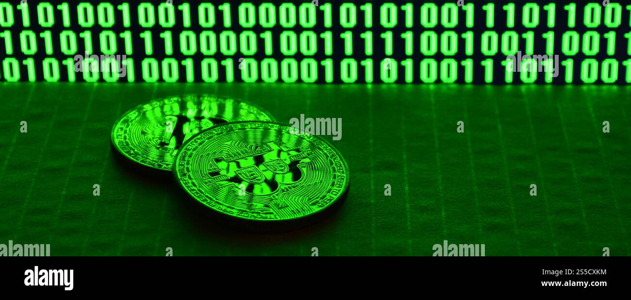 A pair of bitcoins lies on a cardboard surface on the background of a monitor depicting a binary ...