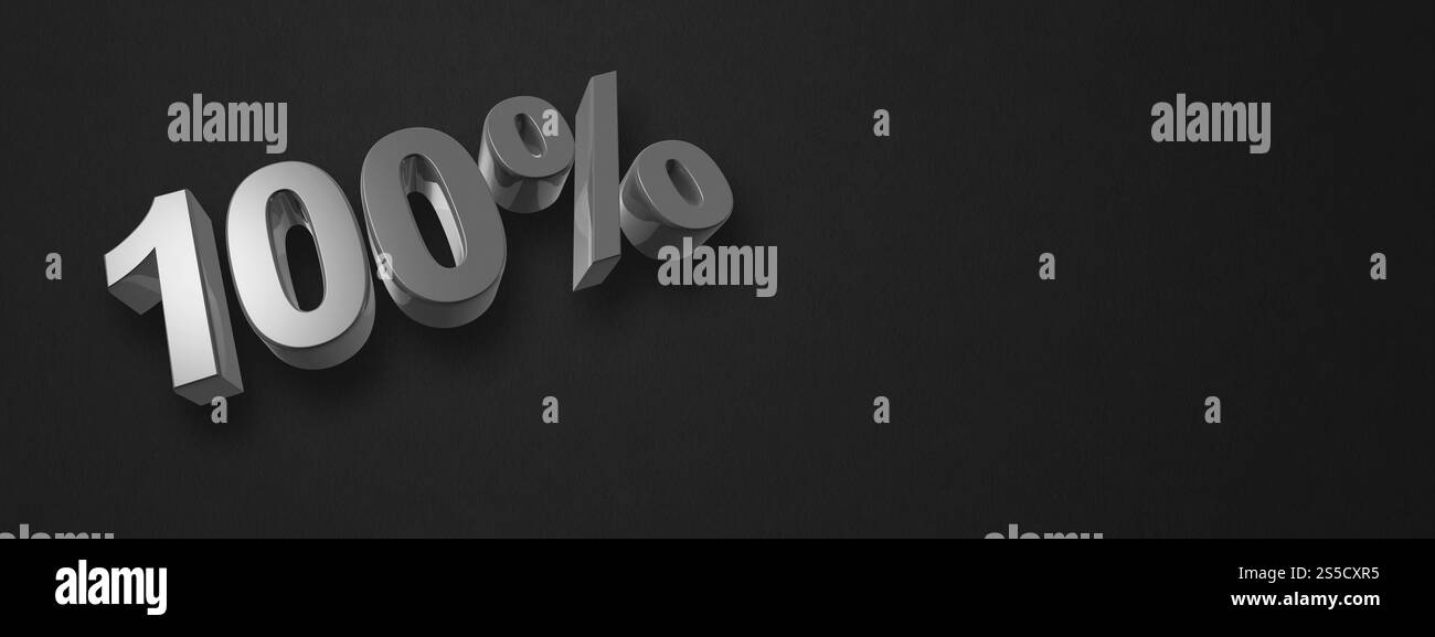 100% silver number. 3D illustration isolated on black. Horizontal ...