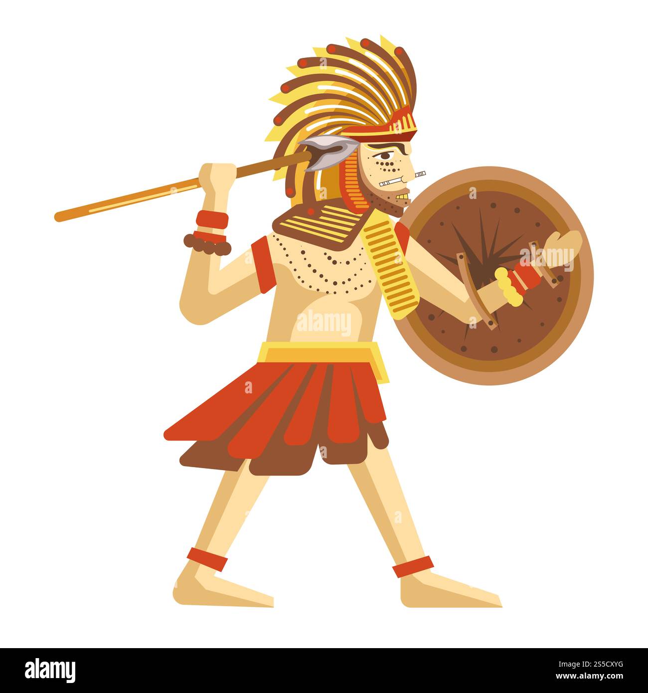 Man in feathers hat with round shield and long spear from Mayan tribe ...