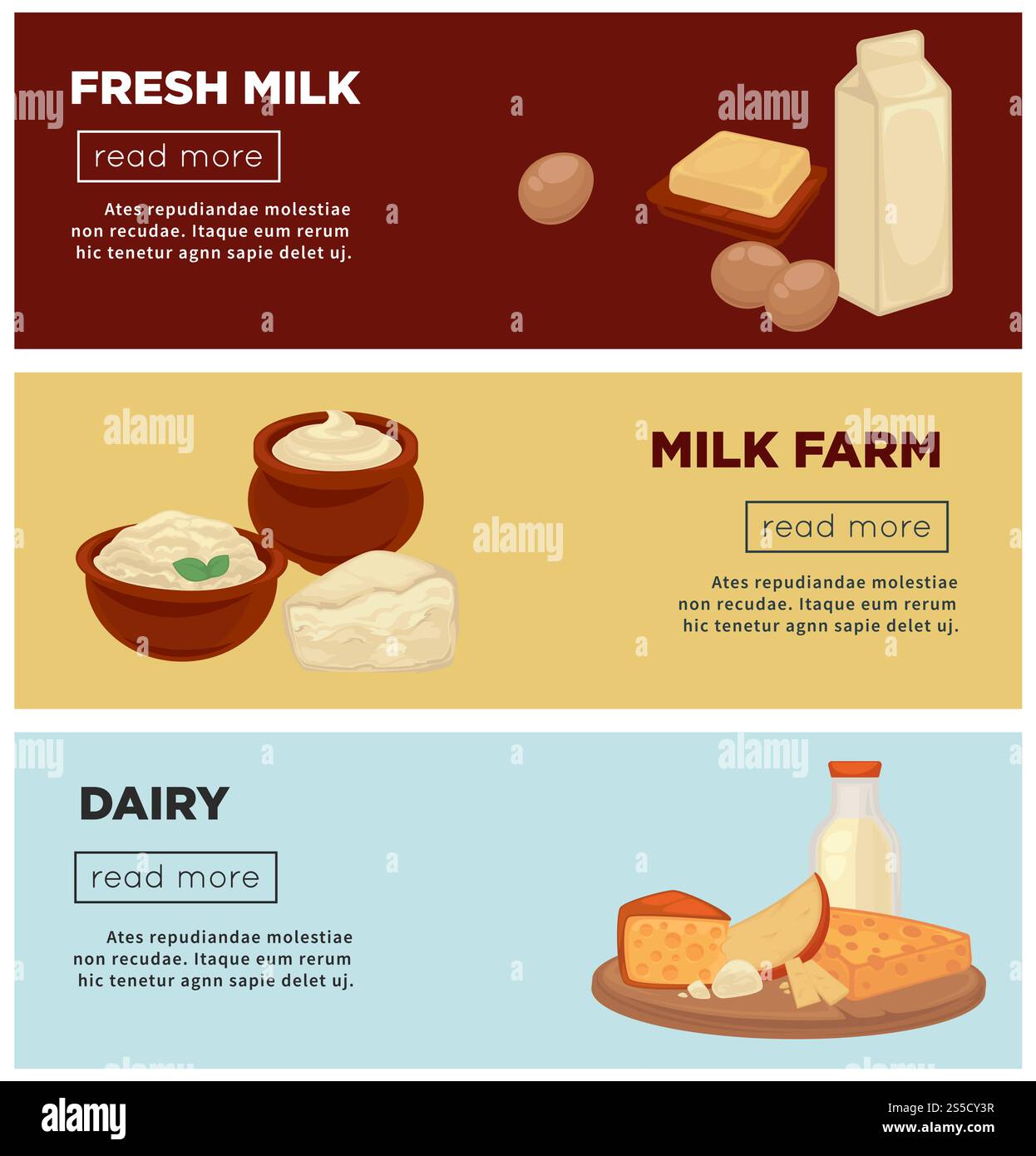 Fresh milk from farm and dairy products internet posters set. Cardboard ...