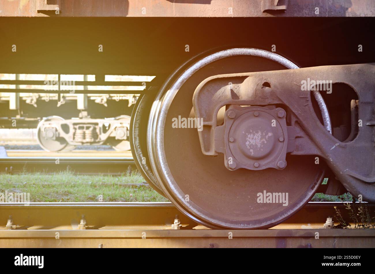 Detailed photo of railway freight car. A fragment of the component ...