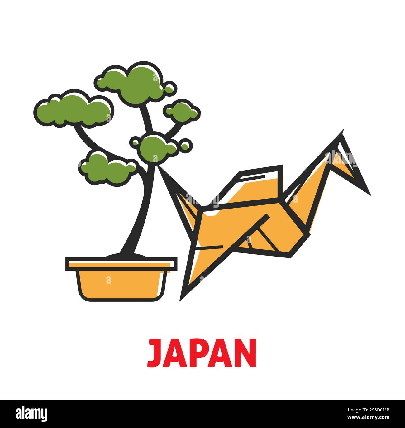 Japan promotional poster with bonsai tree and origami. Oriental small ...