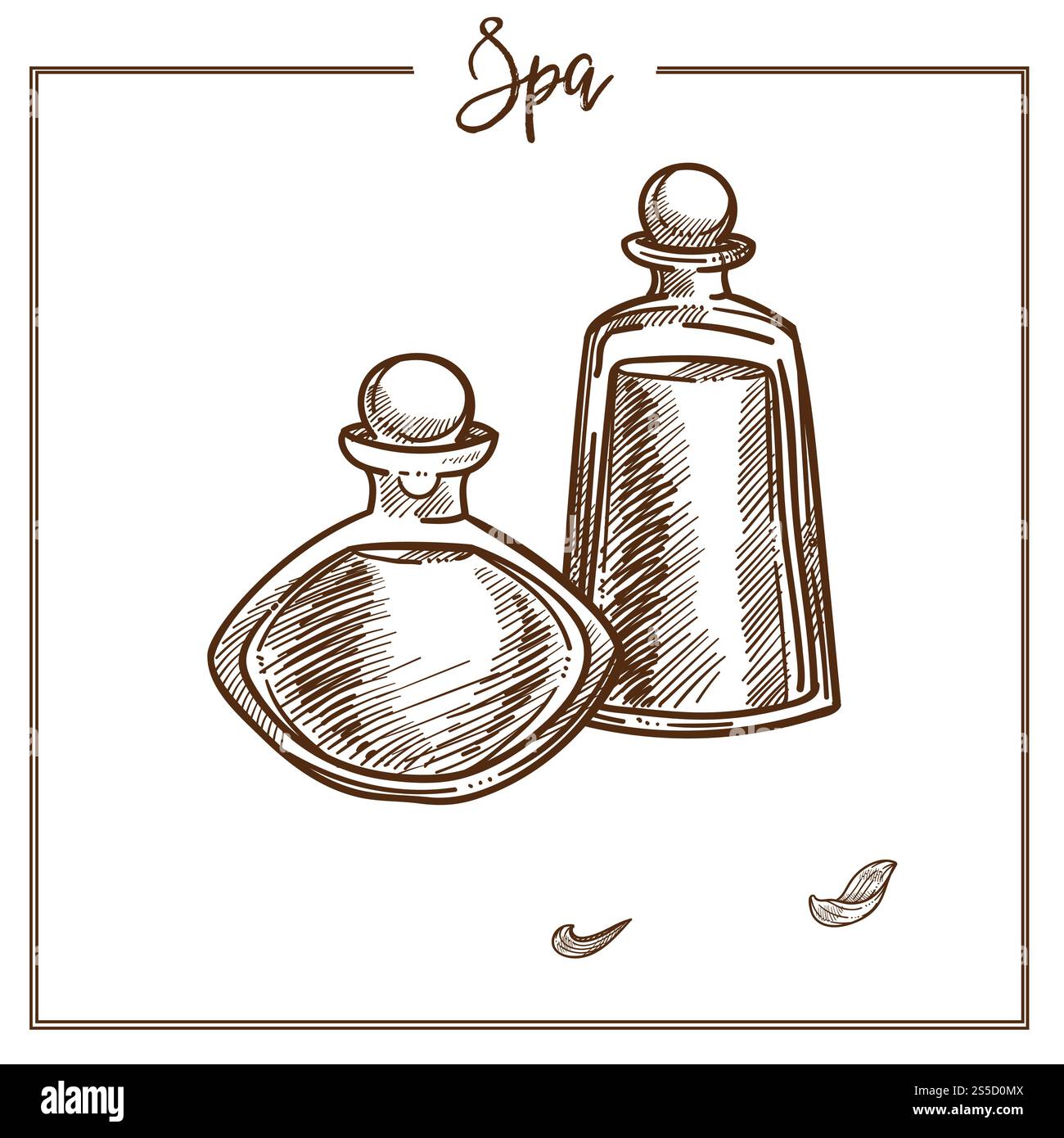 Bottles full of oils for spa procedure monochrome sketch. Aromatic ...