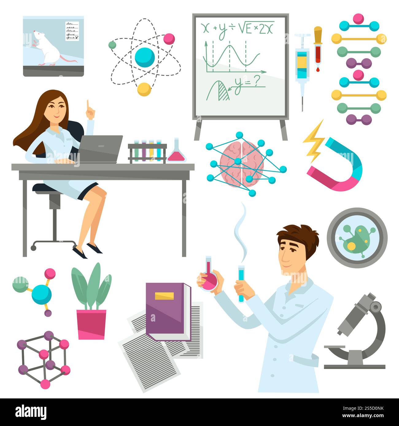 Science and scientists icons. Vector isolated set of genetics research ...