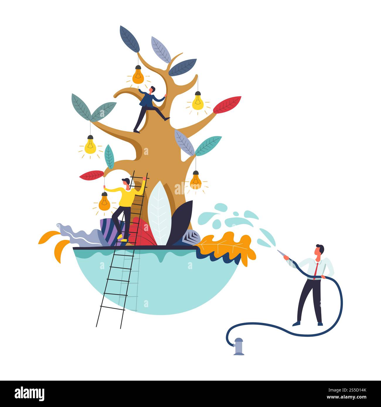 Business tree and people gathering light bulbs as symbol of ideas ...