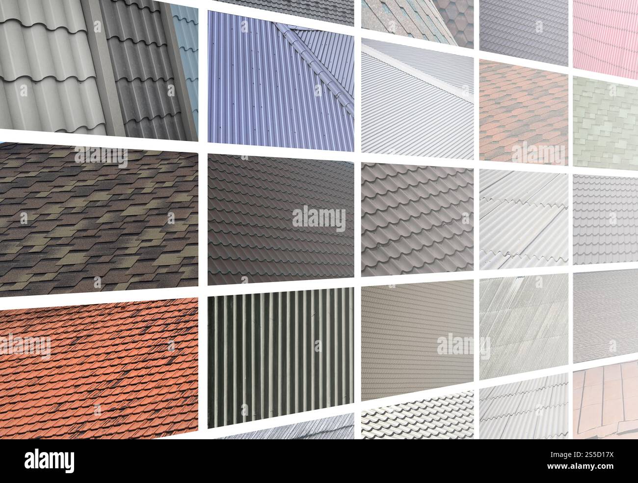 A collage of many pictures with fragments of various types of roofing ...