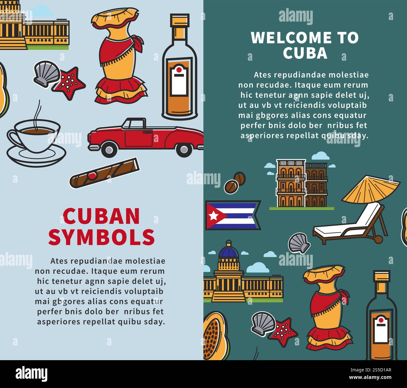 Cuba travel posters of country famous symbols or tourism landmarks ...
