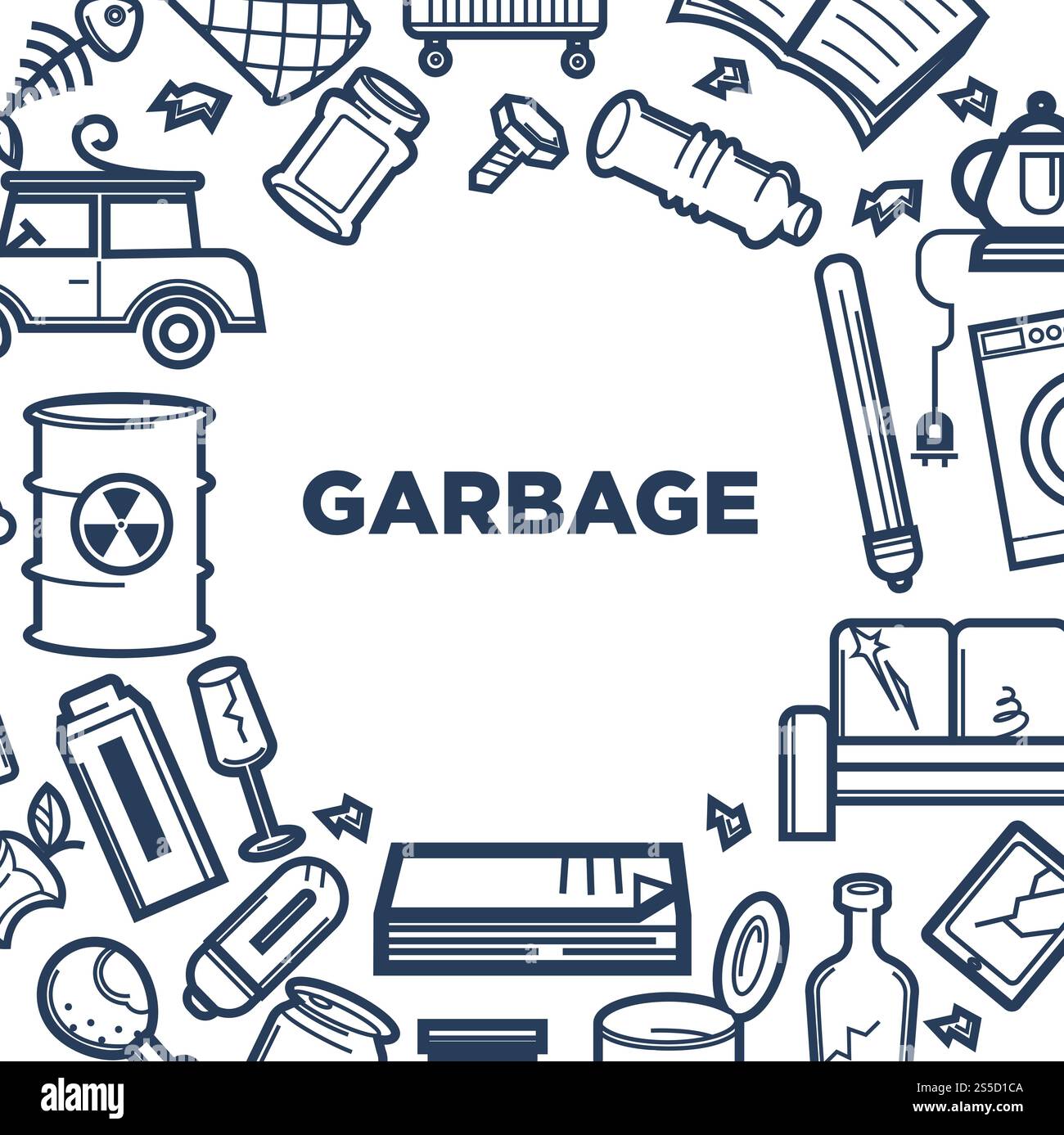 Garbage promotional poster with frame of useless trash. Broken ...