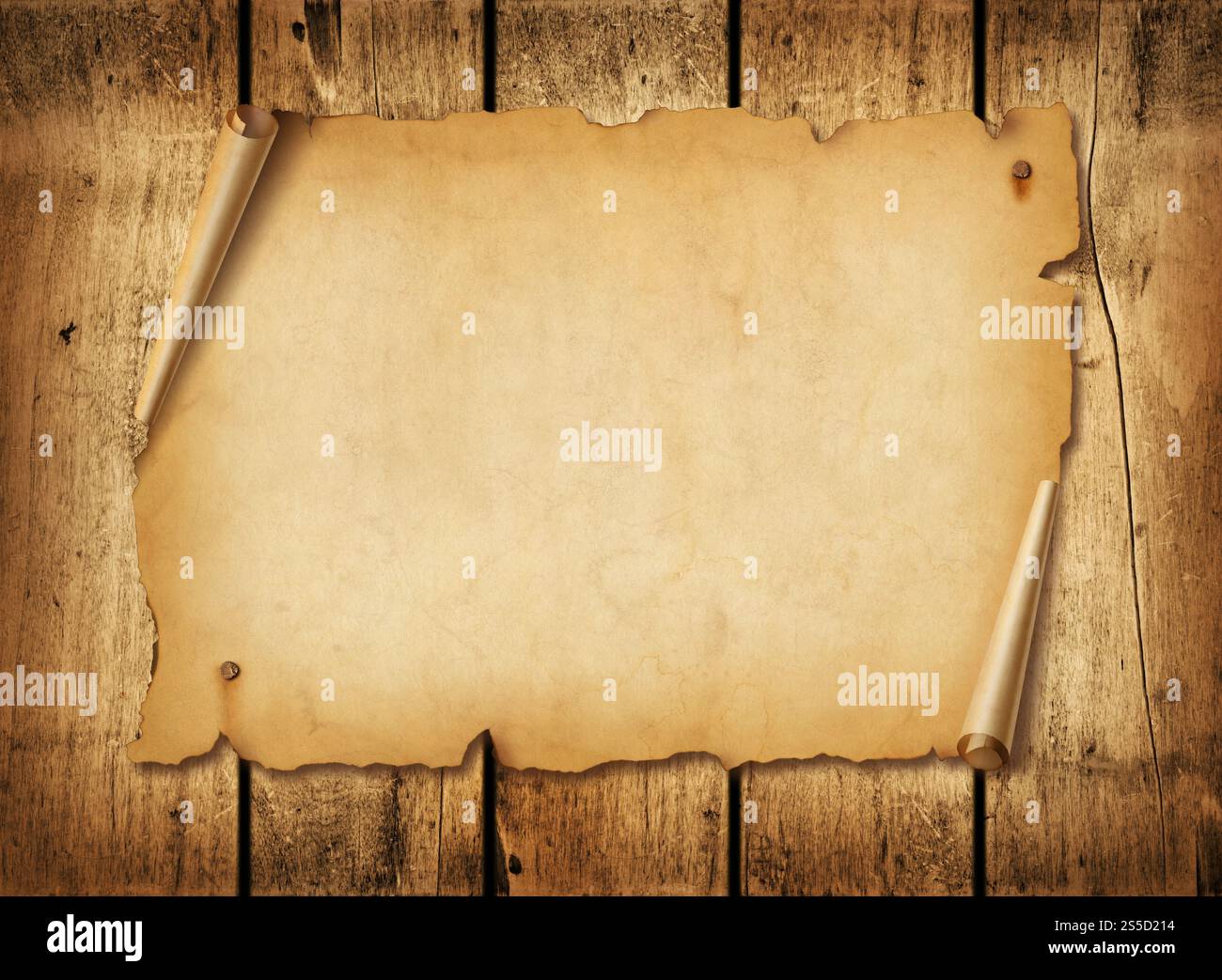 Old mediaeval paper sheet. Horizontal parchment scroll on a wood board ...
