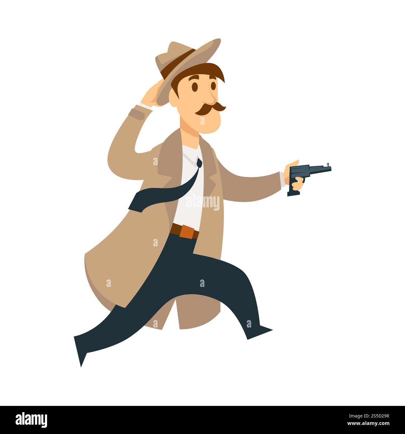 Professional detective run fast in chase with pistol. Man with mustache ...
