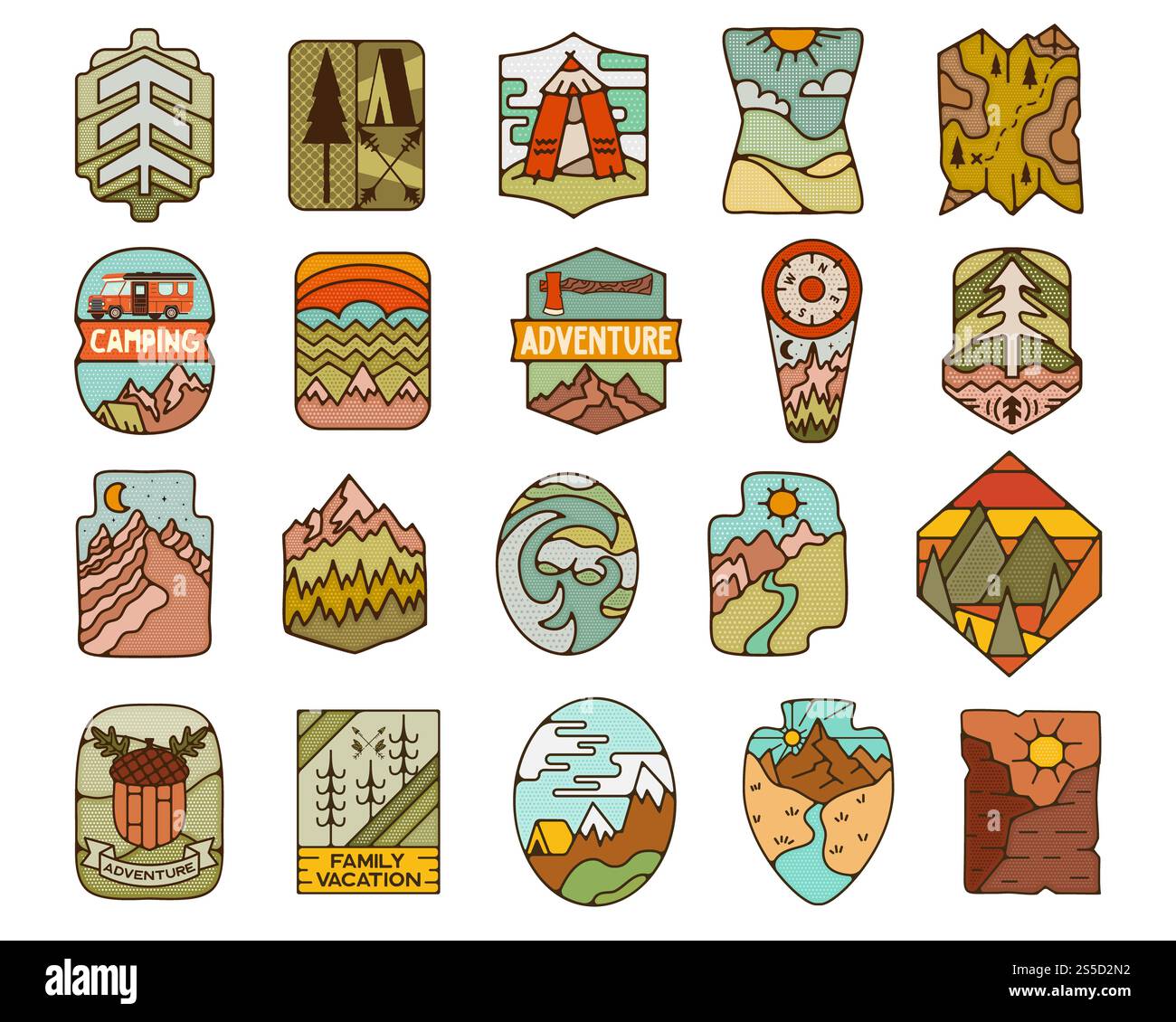 Outdoor adventure badges set. Camping adventure labels in retro flat ...