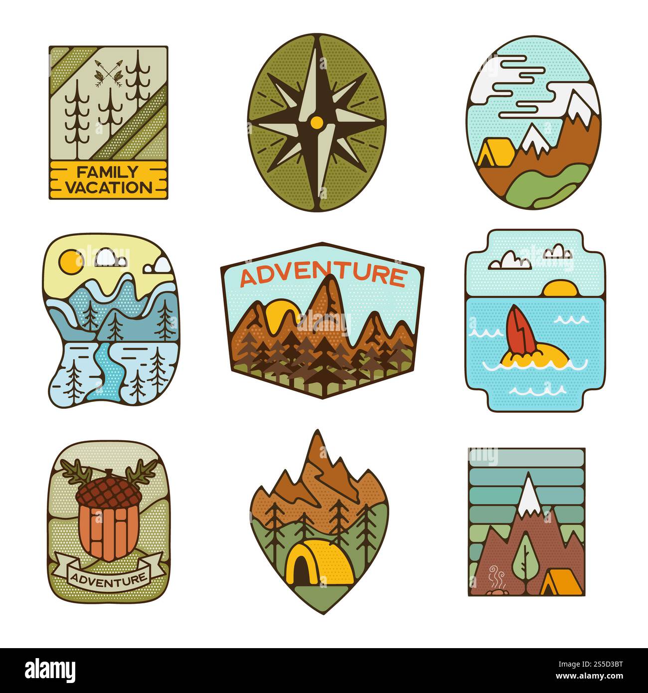 Outdoor adventure badges set. Camping adventure labels in retro flat ...