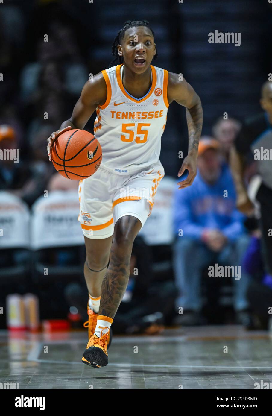 KNOXVILLE, TN - JANUARY 09: Tennessee Lady Vols guard Talaysia Cooper (55) pushes the ball up ...
