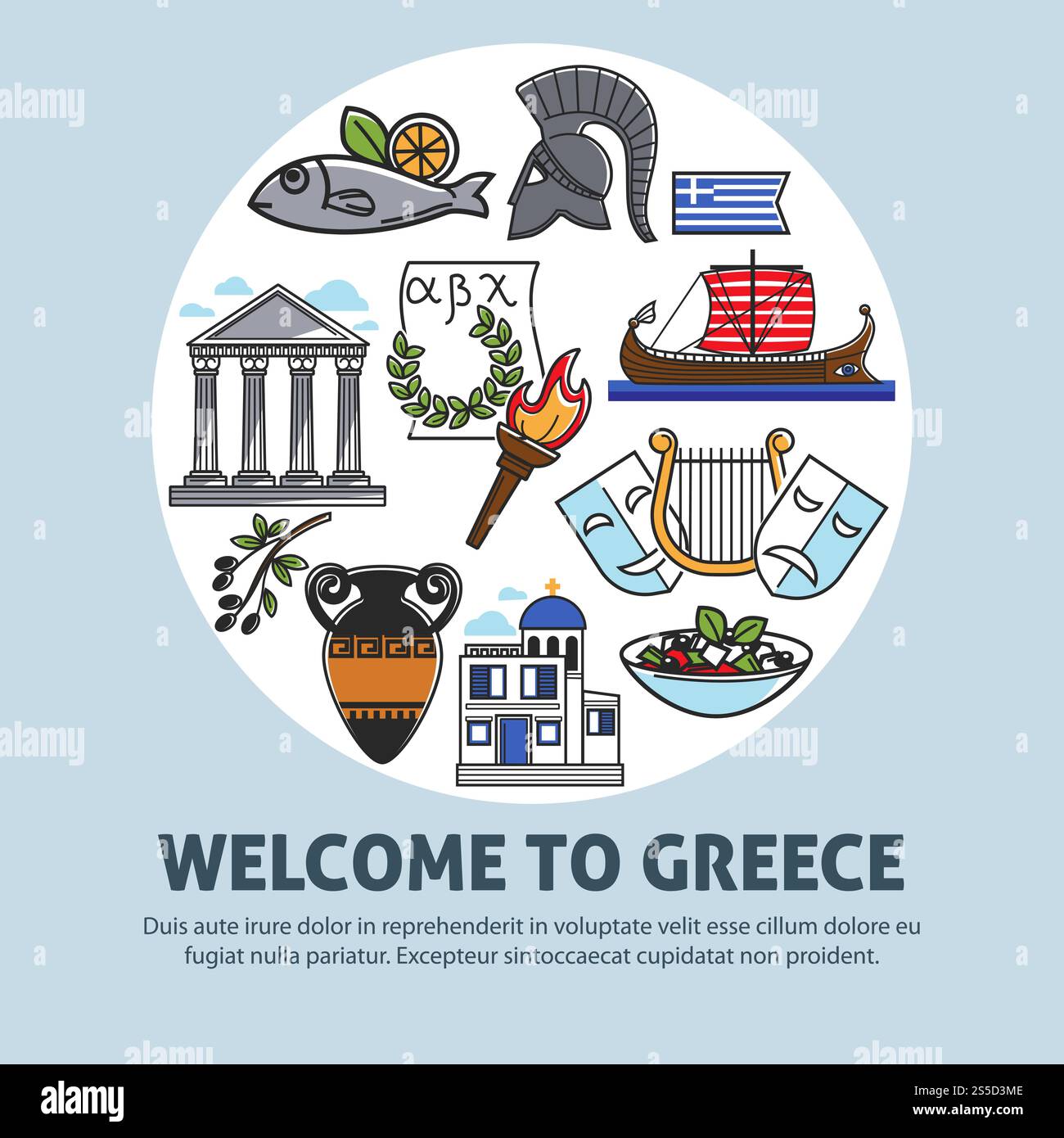 Welcome to Greece travel or tourist poster design of Greek famous ...