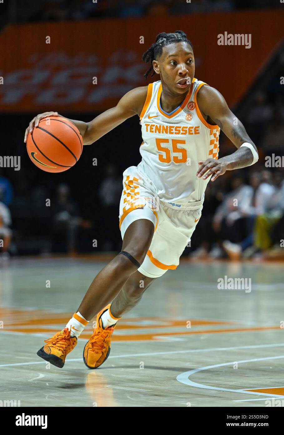 KNOXVILLE, TN - JANUARY 09: Tennessee Lady Vols guard Talaysia Cooper (55) moves the ball during ...