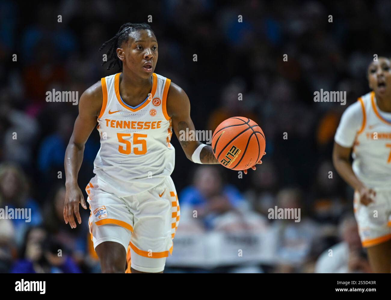 KNOXVILLE, TN - JANUARY 09: Tennessee Lady Vols guard Talaysia Cooper (55) brings the ball up ...