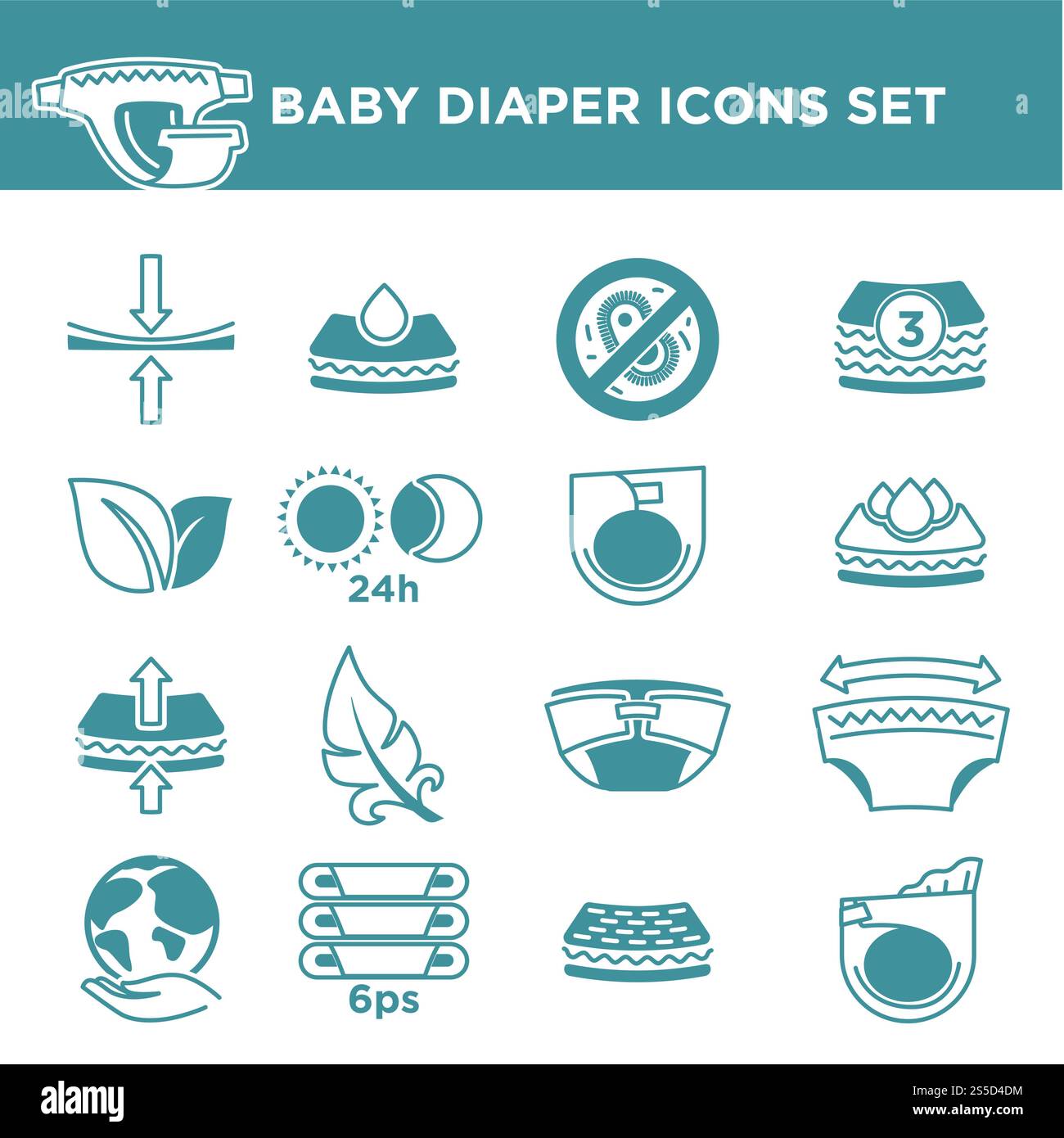 Baby diaper package information icons. Vector symbols set for sensitive ...