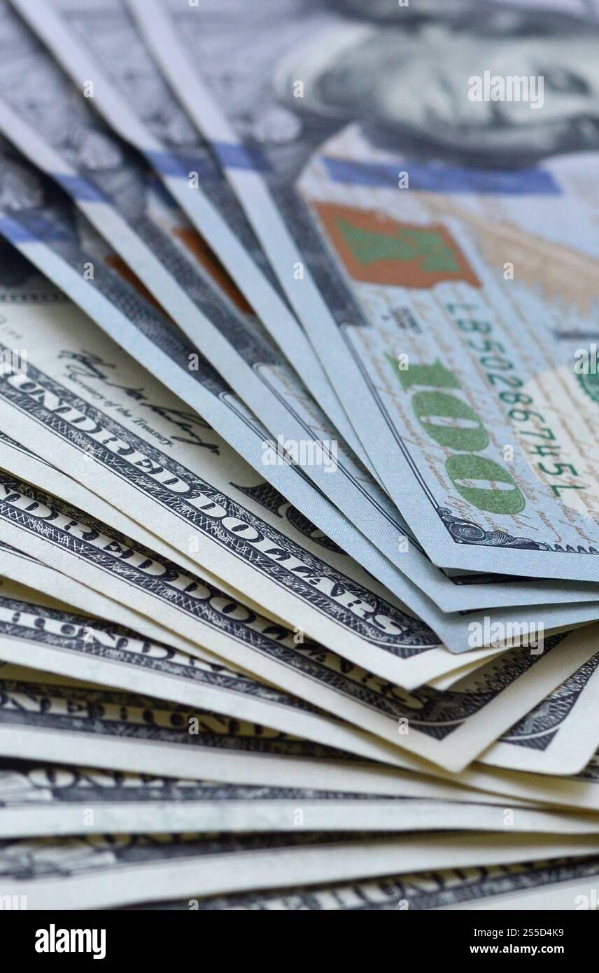 Background of 100 dollar bills. Abstract textured backdrop with many ...