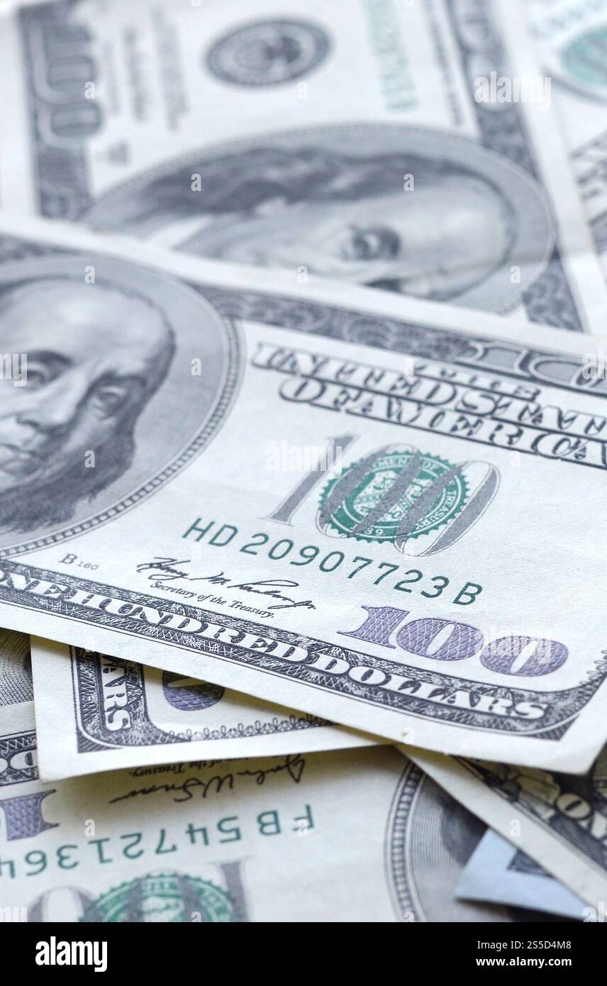 Background of 100 dollar bills. Abstract textured backdrop with many ...