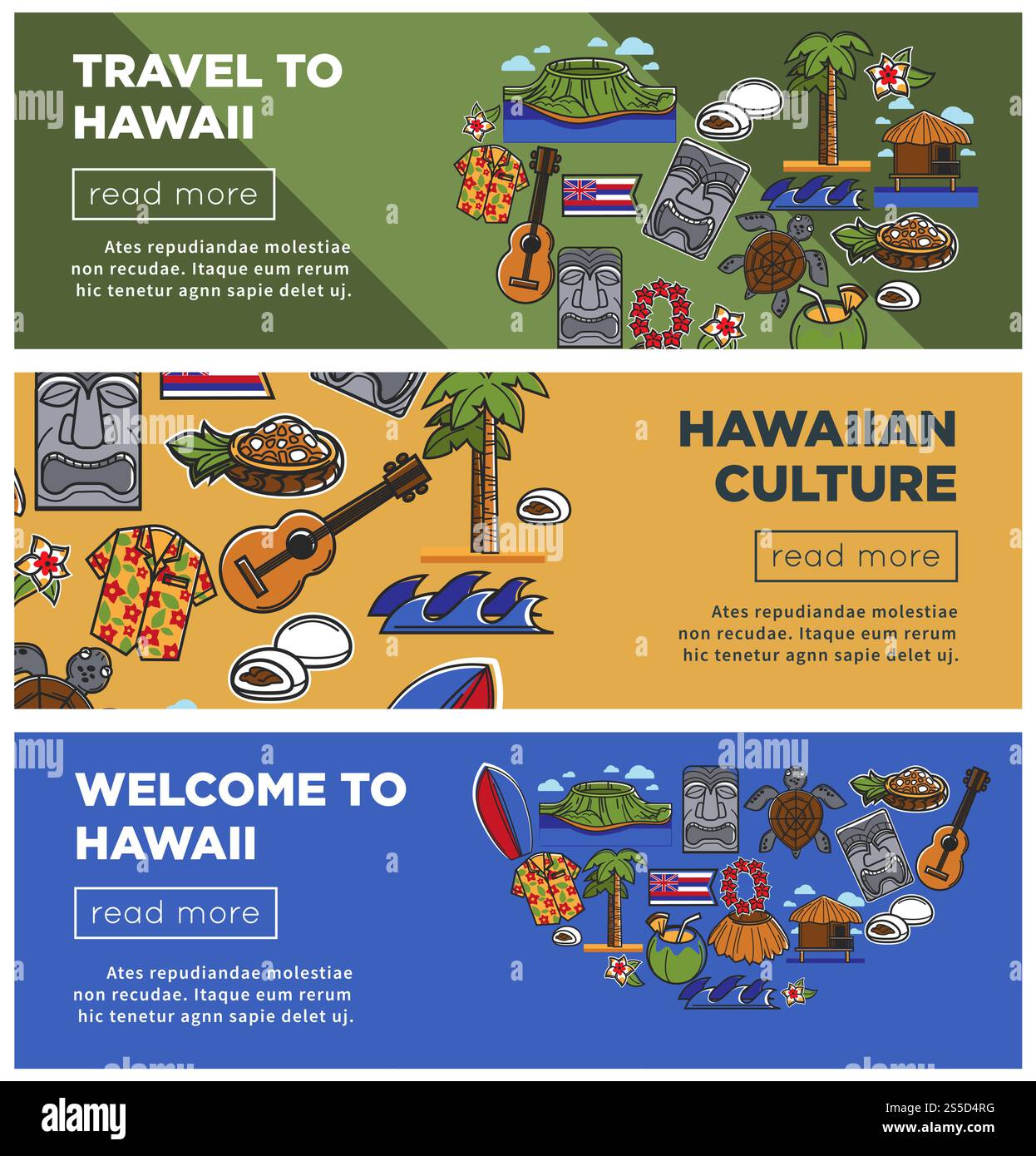 Hawaii travel web banners of Hawaiian famous symbols or tourist ...