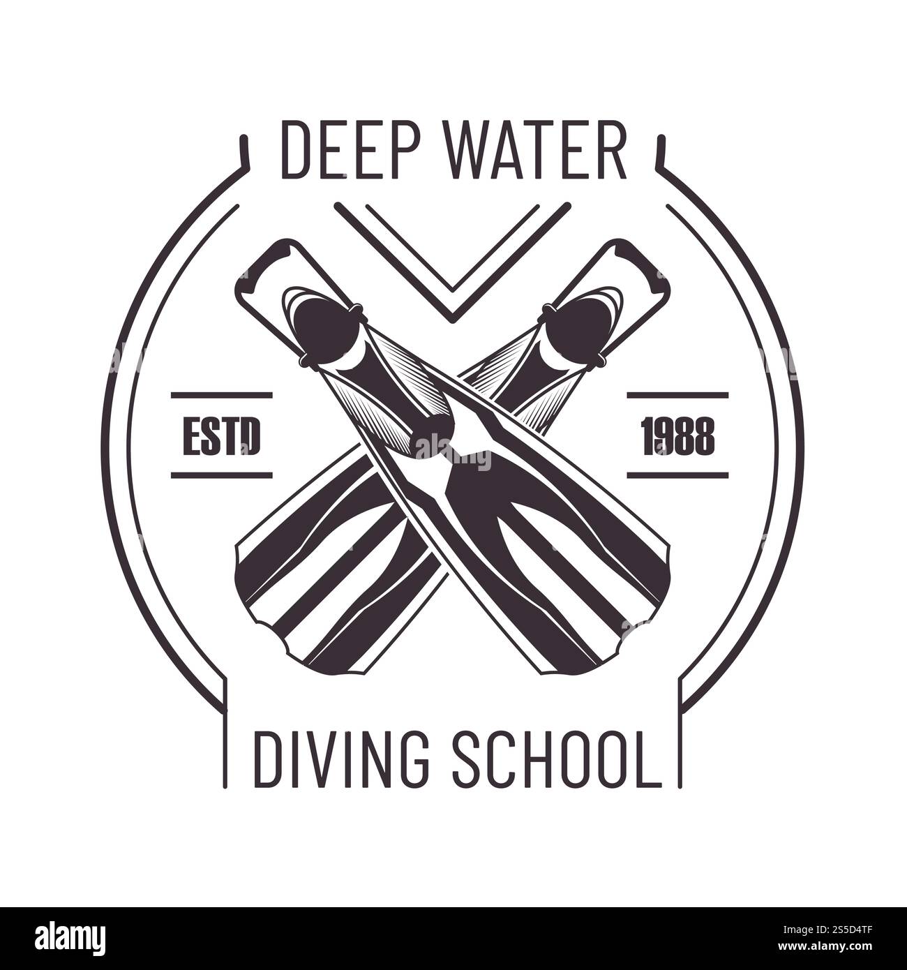 Deep water diving school monochrome promo logo. Crossed flippers to ...