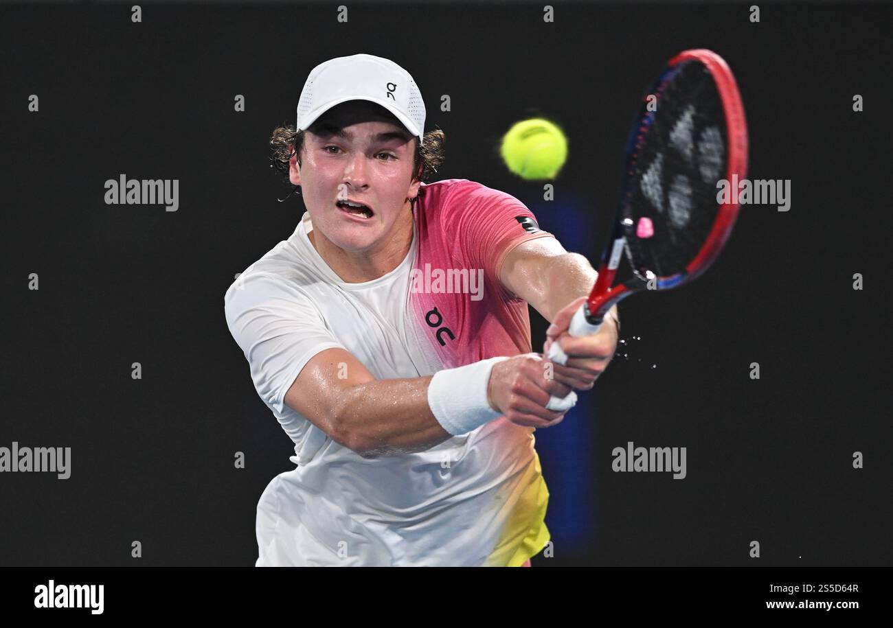Joao Fonseca of Brazil returns during his round 1 match against Andrey Rublev of Russia during ...