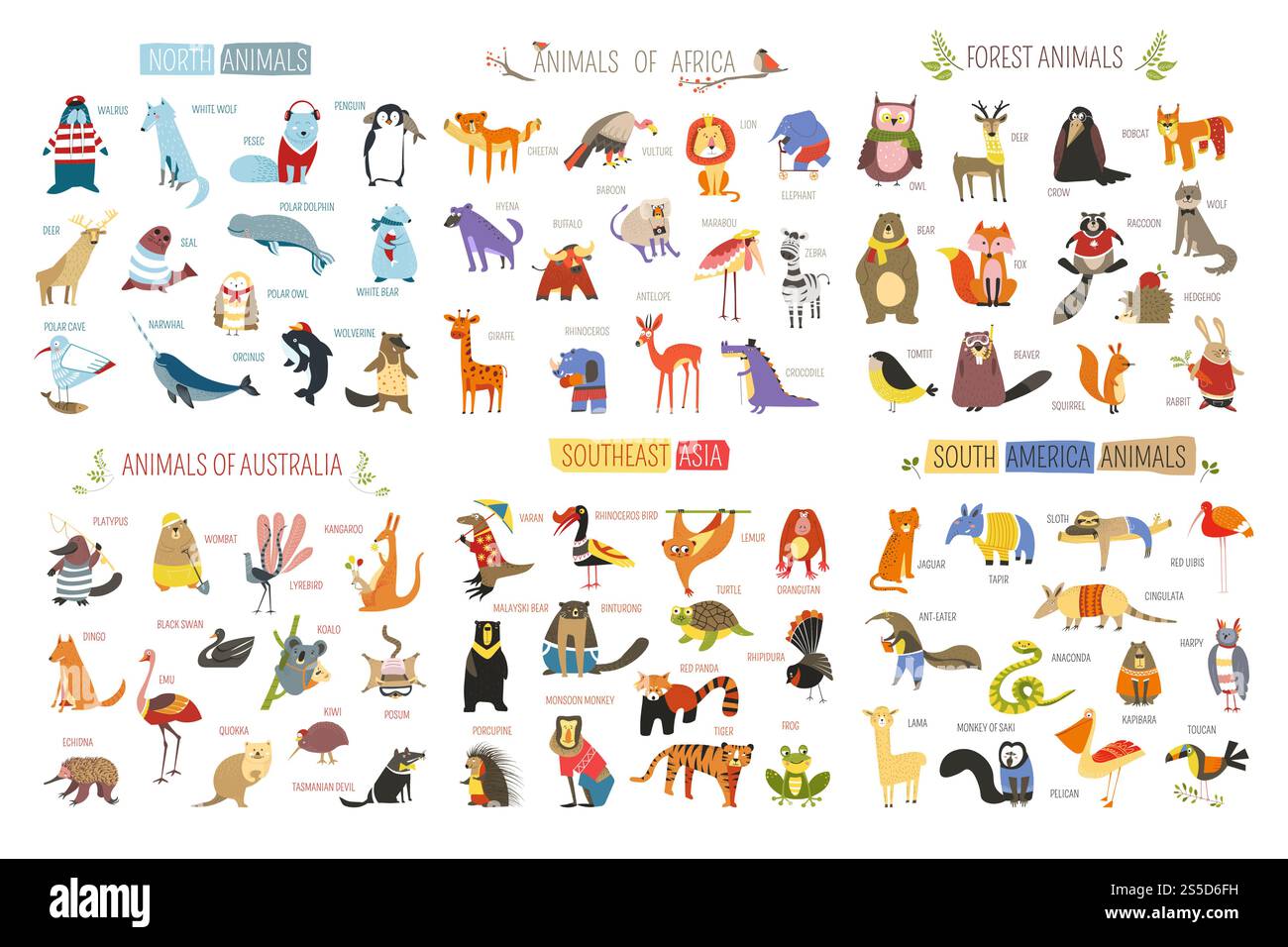 Cartoon animals and birds of different continents. Vector funny wild ...