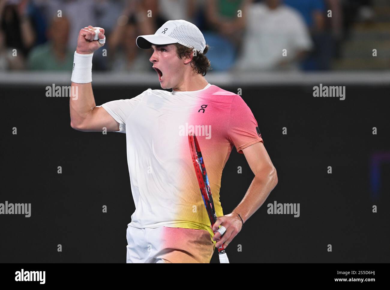 Melbourne, Australia. 14th Jan, 2025. Joao Fonseca of Brazil reacts during his round 1 match ...