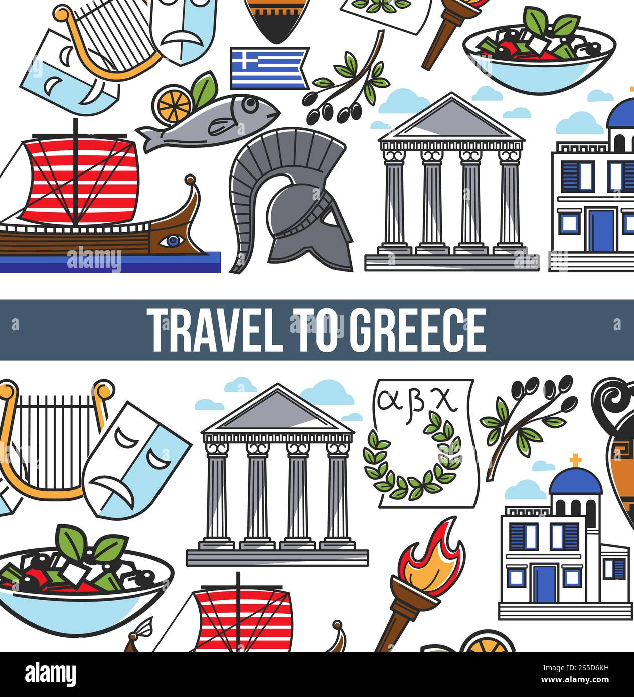 Travel to Greece poster of Greek symbols and famous sightseeing ...