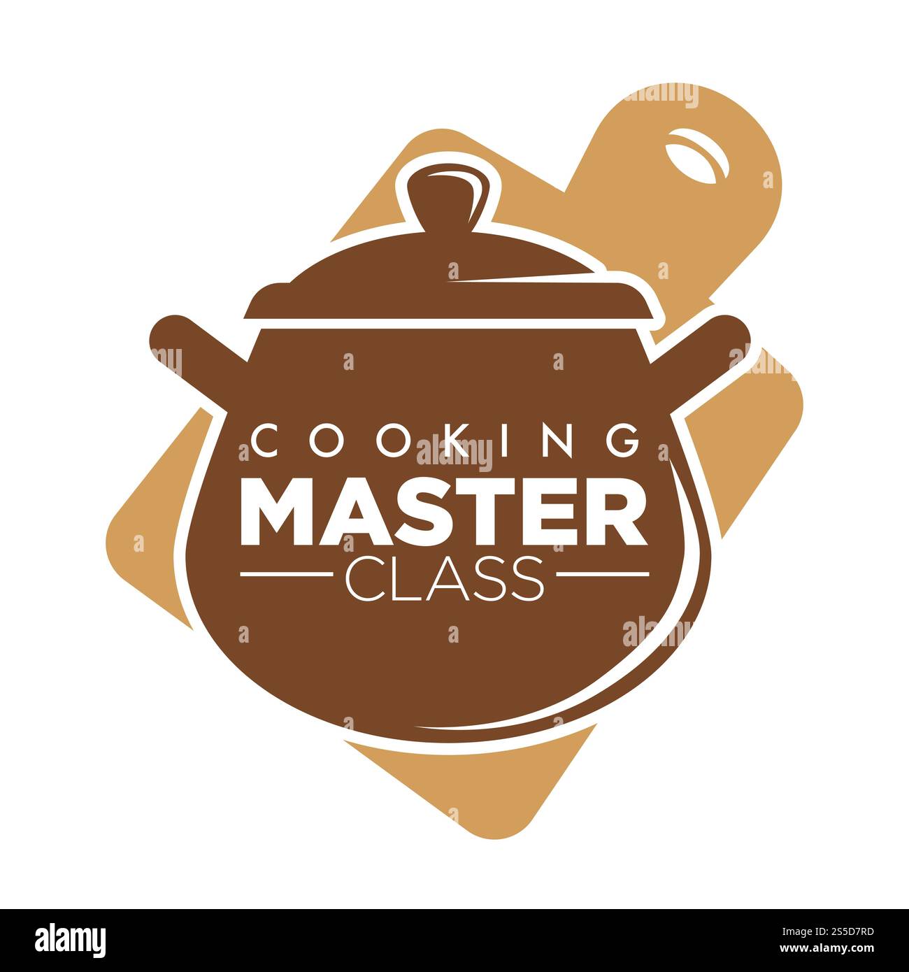 Cooking master class emblem with big saucepan and cutting board ...