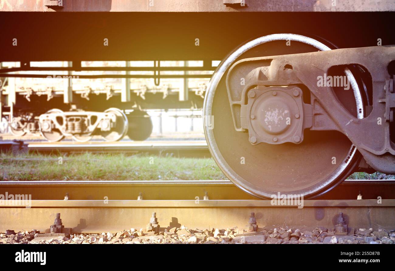 Detailed photo of railway freight car. A fragment of the component ...